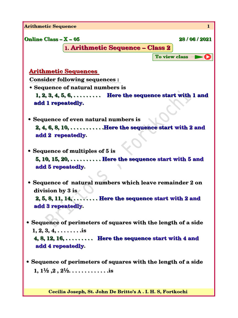 STD 10-MATHS - CHAP 1 ARITHMETIC SEQUENCES Notes 3 MM | PDF ...