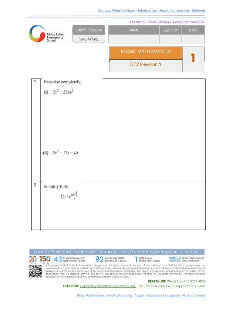 WS - IGCSE - MATH - CT2 Revision 1 | PDF