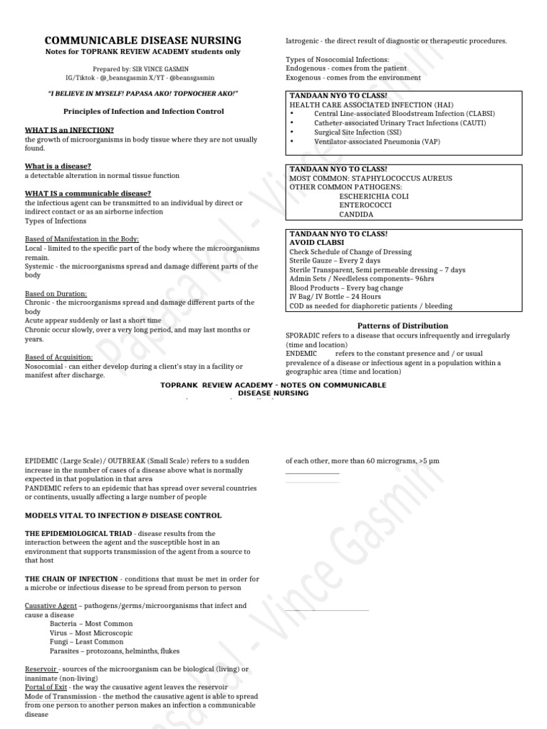 Communicable Disease Nursing Notes | PDF | Infection | Vaccines