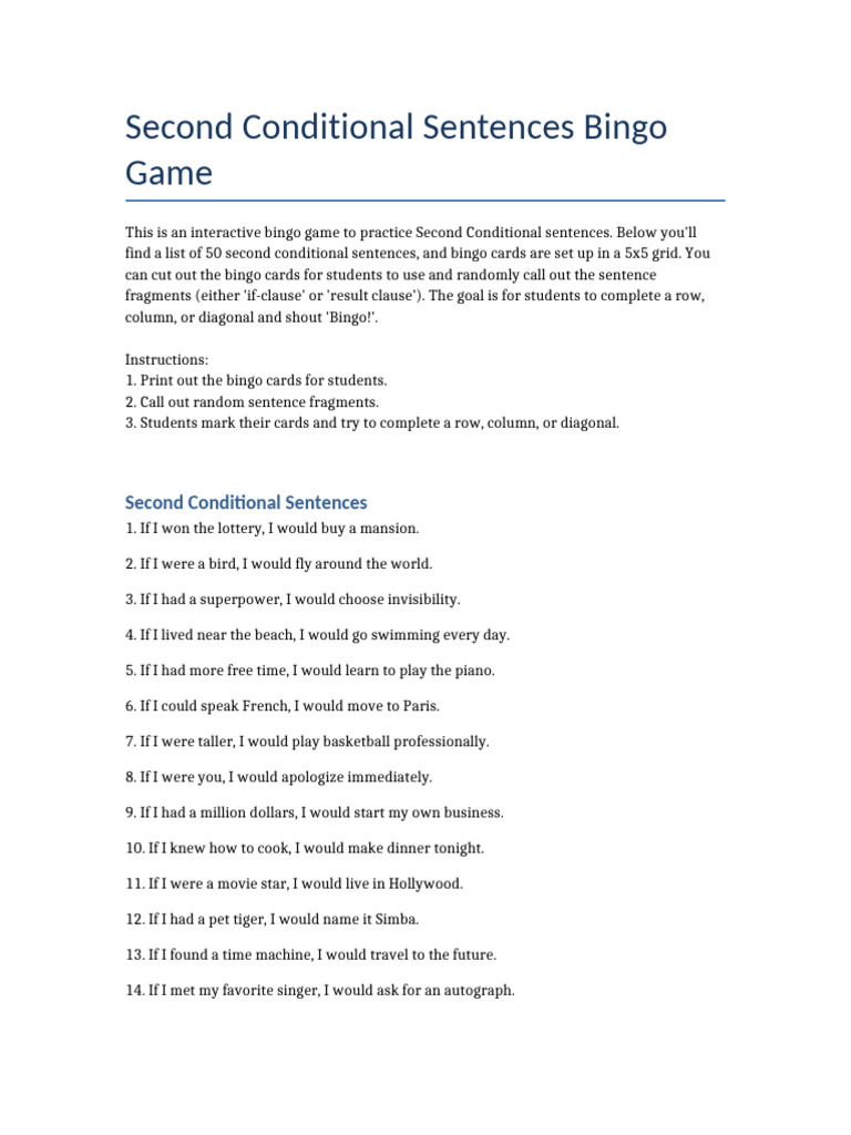 Second Conditional Bingo Game | PDF