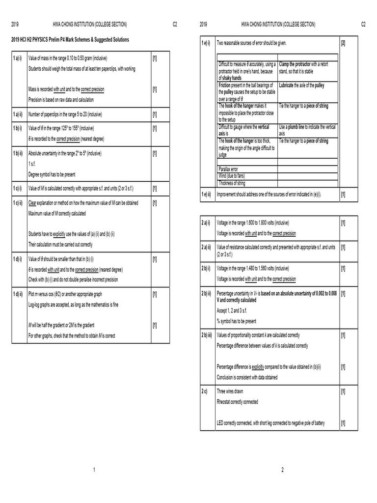 2019 HCI Prelim H2 Physics 9749 P4 Mark Scheme - Solutions | PDF | Accuracy And Precision ...
