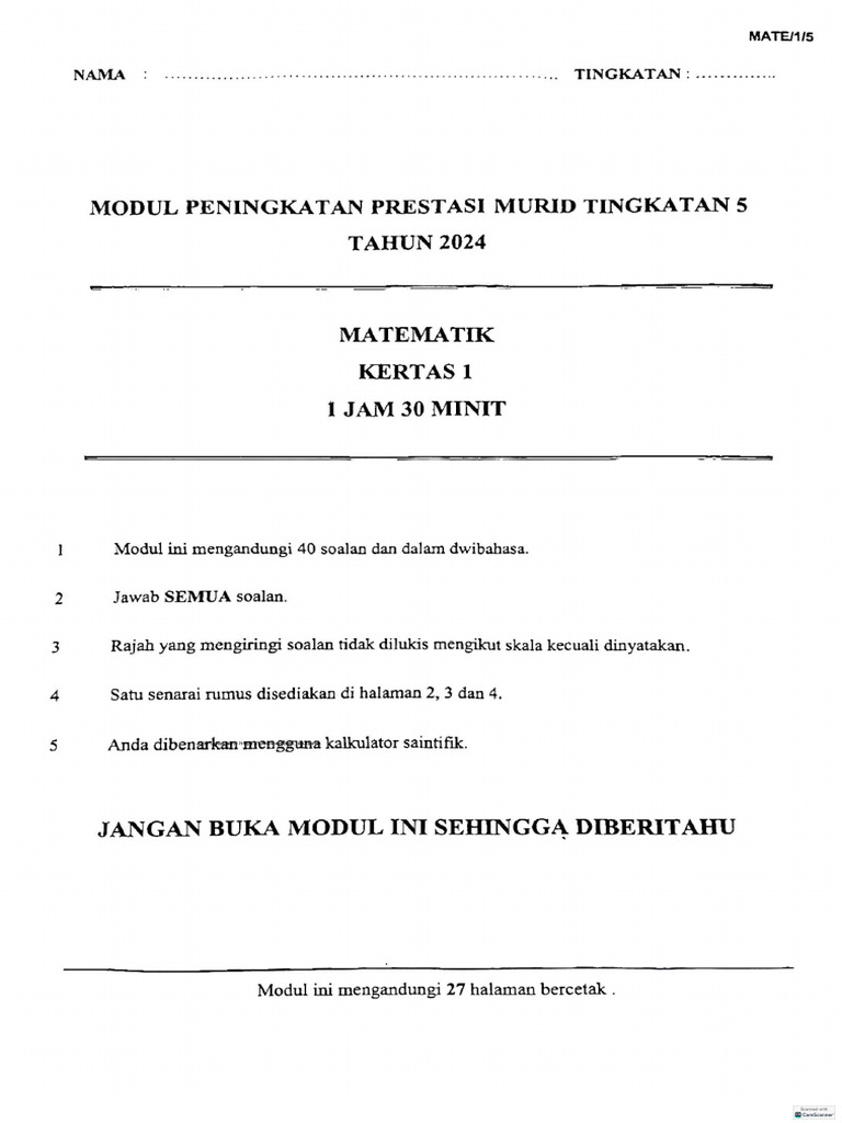 Kertas Trial Maths K1 2024 SPM Kedah | PDF