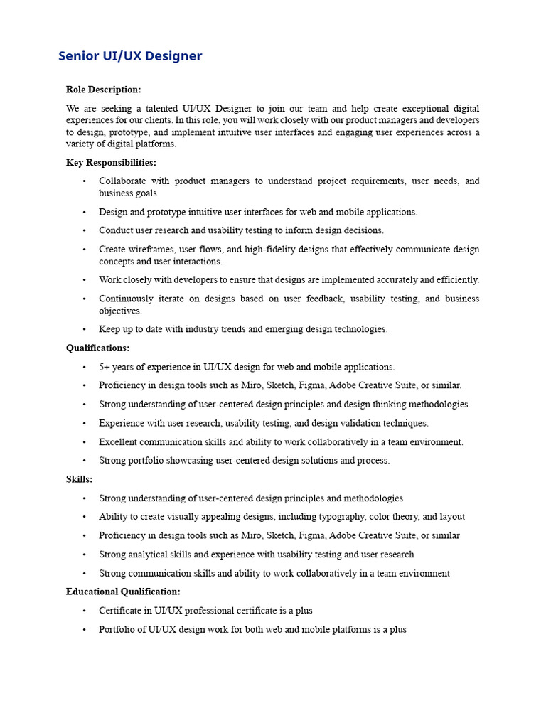 UI - Ux Designer (Junior - Senior) | PDF | Usability | User Interface