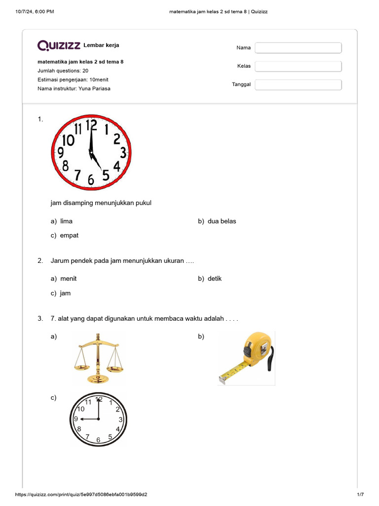 Lembar Kerja Matematika Jam Kelas 2 | PDF