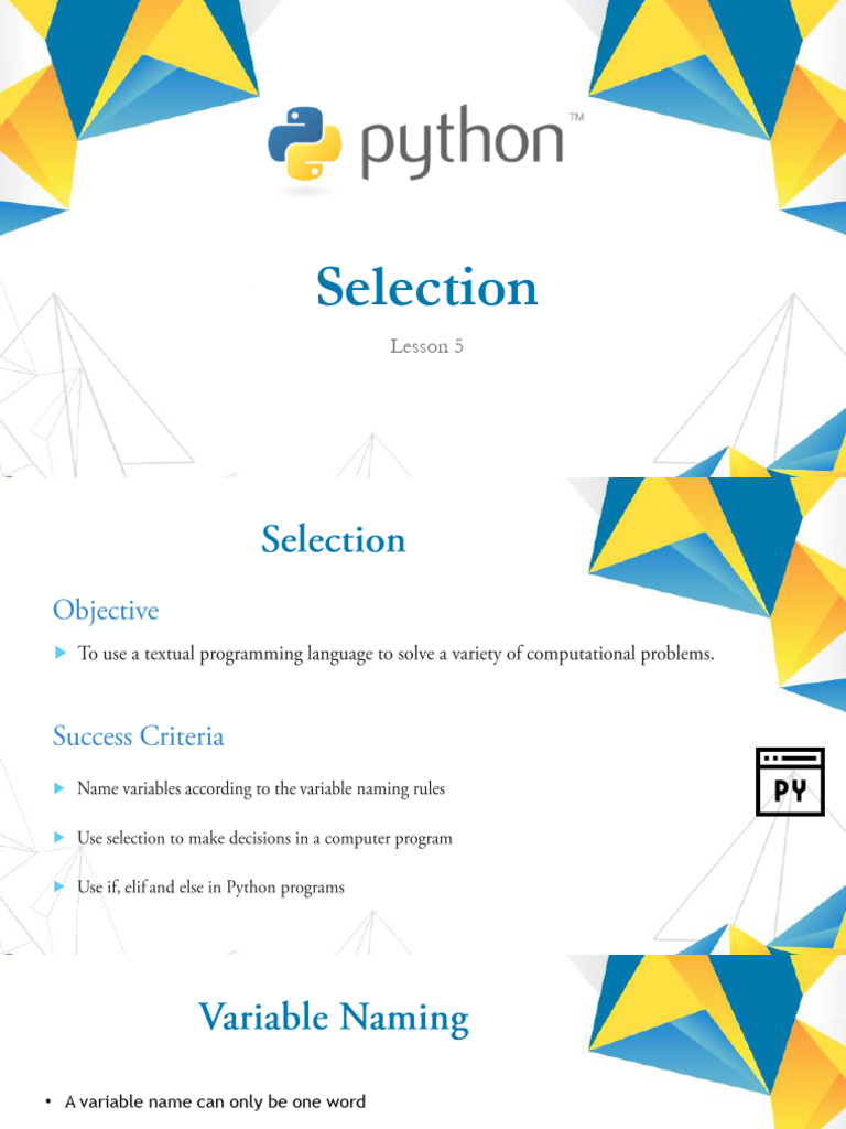 python lesson 5 - selection | PDF | Python (Programming Language) | Password