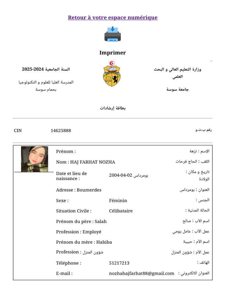 Impression Fiche Des Renseignements - ESSTHS | PDF