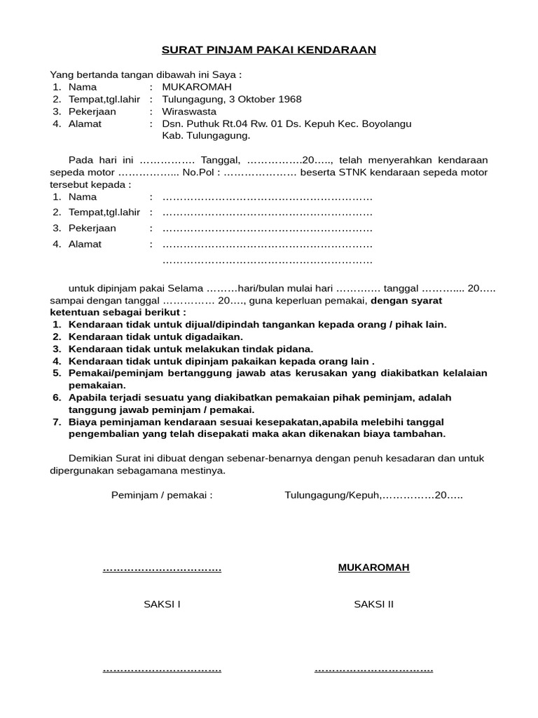 Contoh Surat Pinjam Pakai Kendaraan | PDF