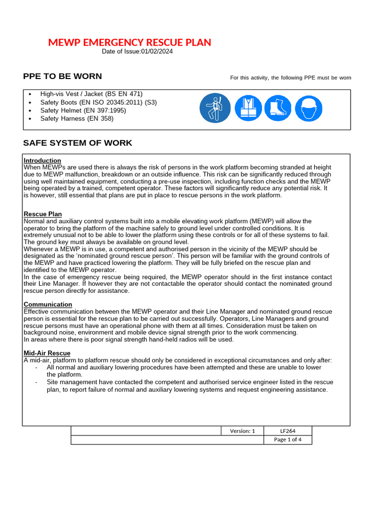 MEWP Emergency Rescue Plan - PDF (20 | PDF | Engineering | Personal ...