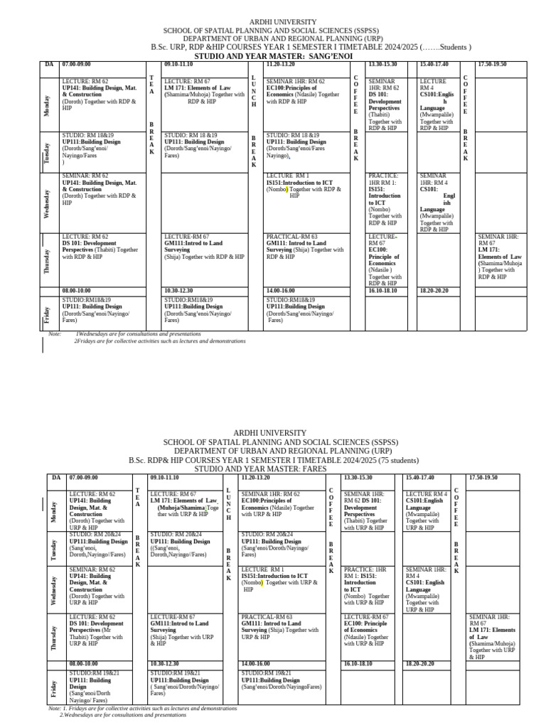 Urp Timetable Semester 1 2024-25 Draft | PDF | Liberal Arts Education | Science