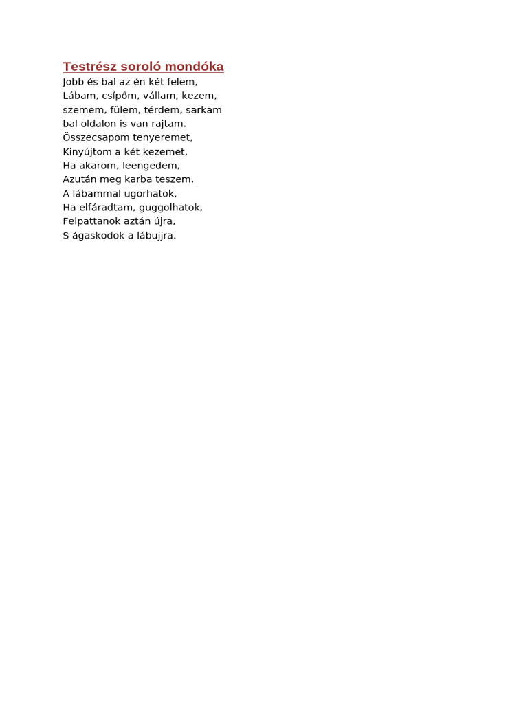 Testrész Soroló Mondóka | PDF