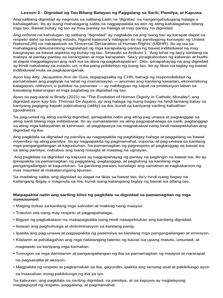 Lesson 2 Dignidad NG Tao Bilang Batayan NG Paggalang Sa Sarili Pamilya at Kapuwa | PDF