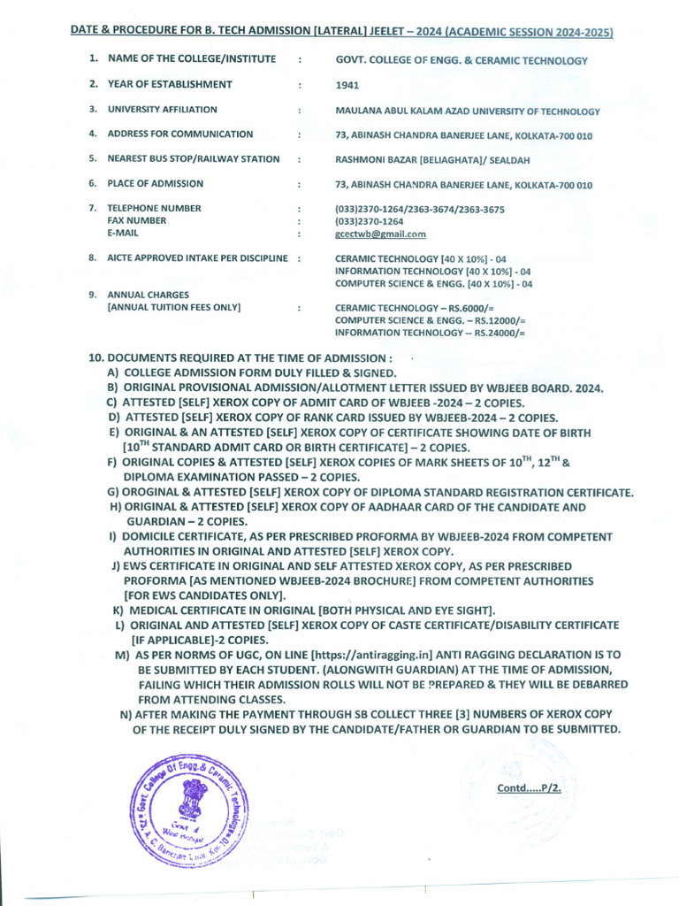 Gcect Date and Procedure For Lateral Admission 2024 25 | PDF