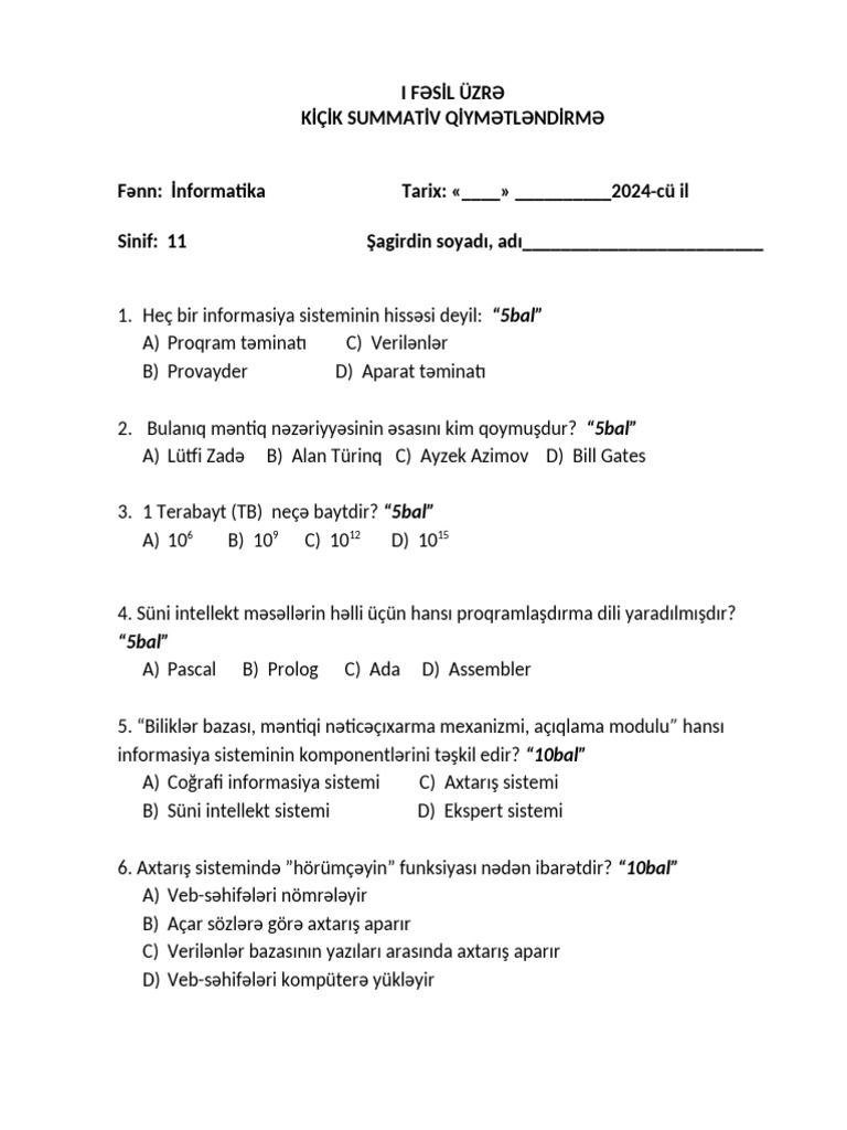 11 Sinif KSQ 1 | PDF