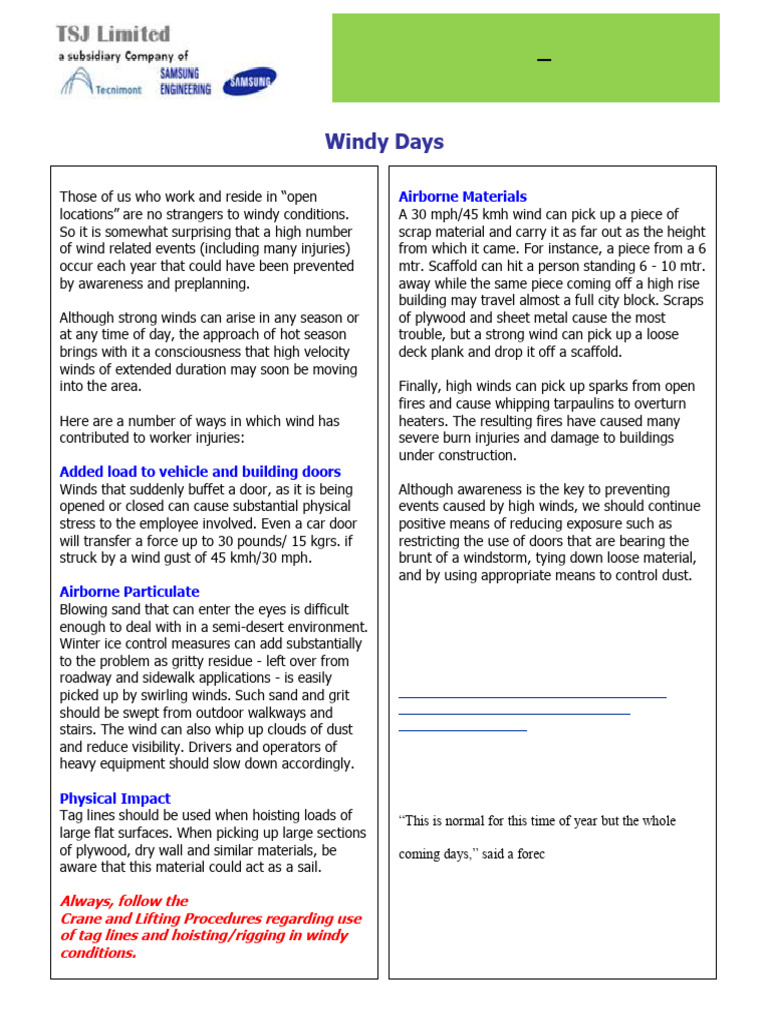 SAFETY TOPIC - WINDY DAYS | PDF | Wound | Meteorological Phenomena