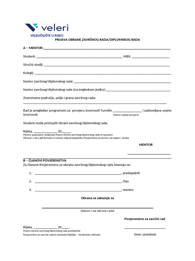 Obrazac 2. Prijava Obrane Zavrsnog I Diplomskog Rada 2023 - 0 - 0 | PDF