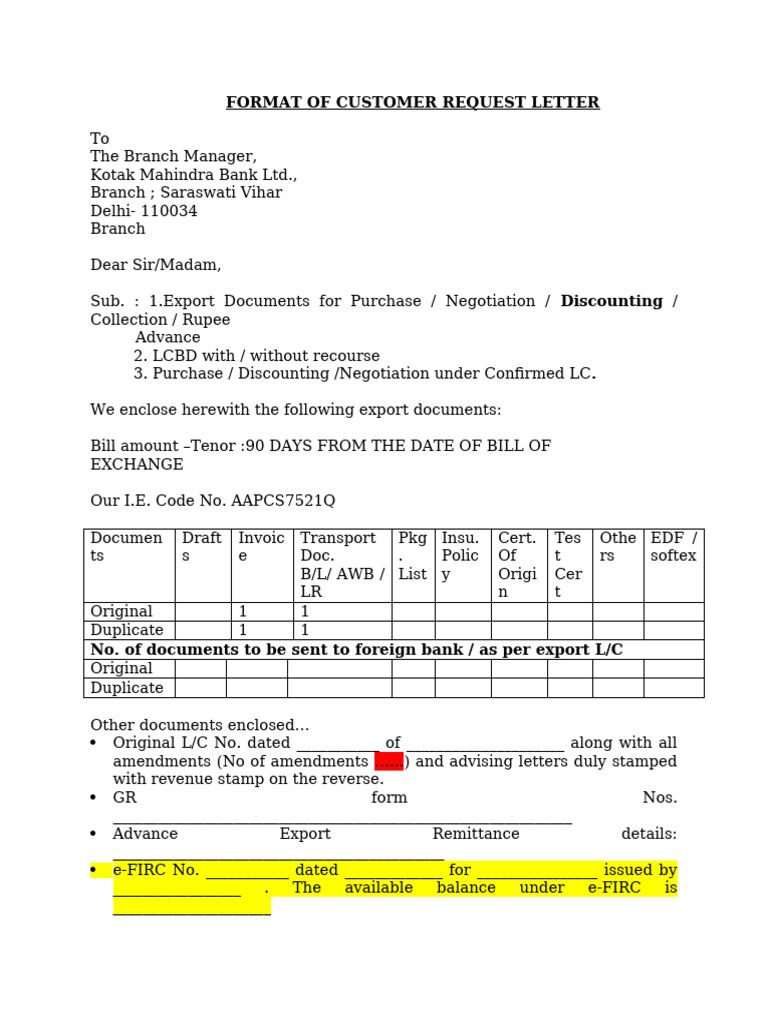 Kotak Application For Export Bill Submission LC 0130 BIll 83 | PDF ...