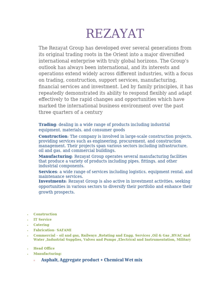 Rezayat Group: Global Business Overview | PDF | Business