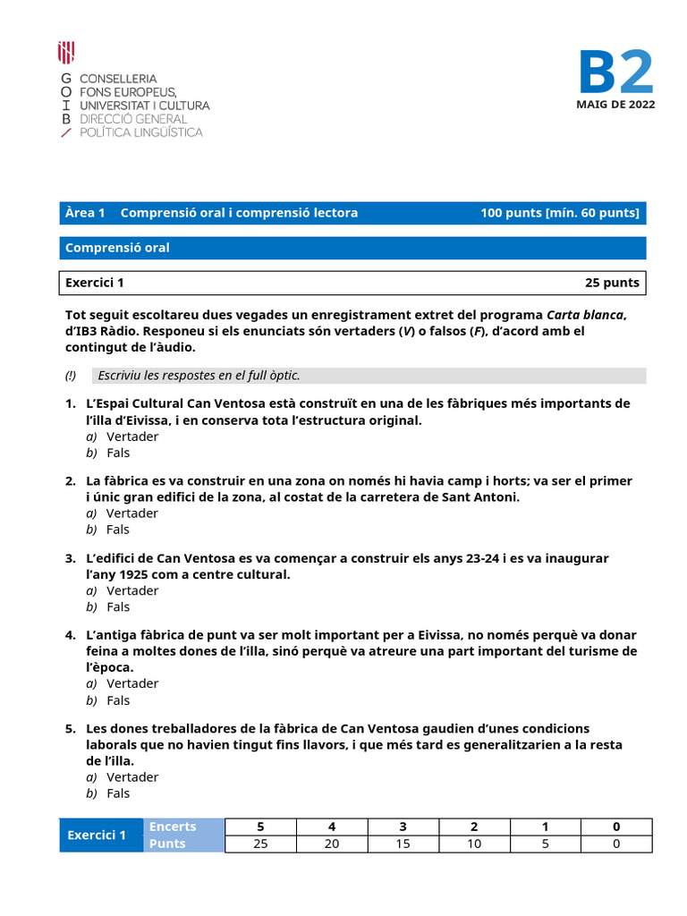 B2 MAIG22 - Prova I Solucionari | PDF