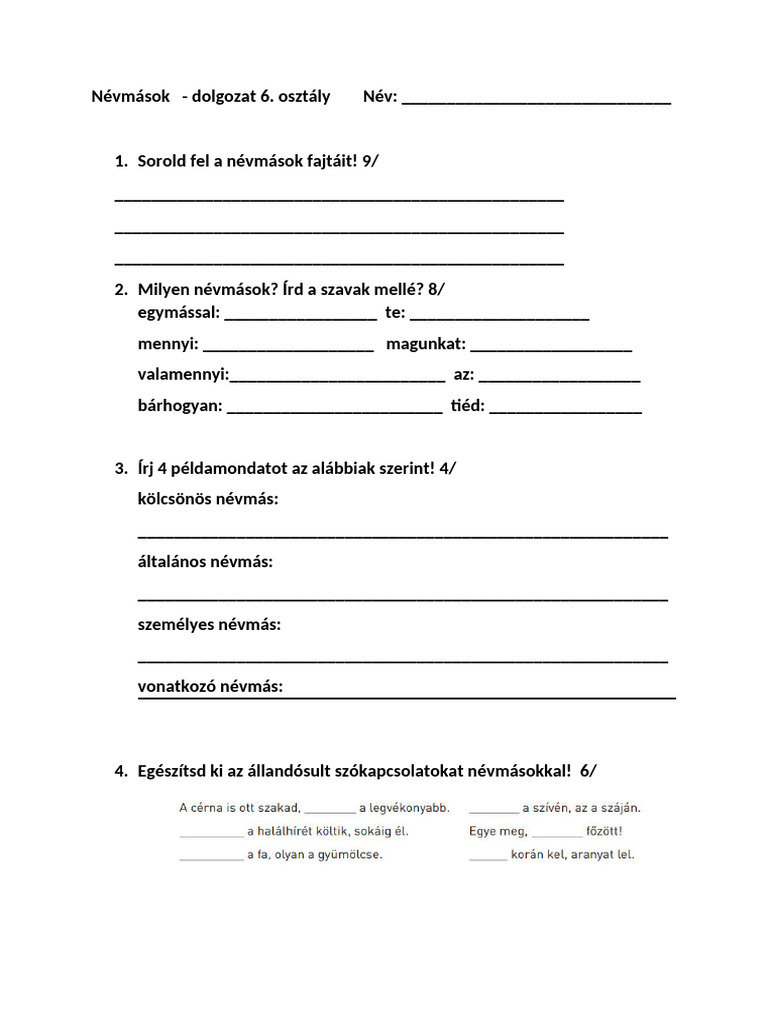 Dolgozat 6. - Névmások | PDF