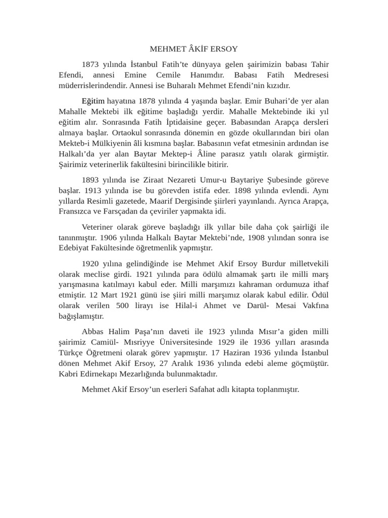 Mehmet Akif Ersoy Hayatı | PDF