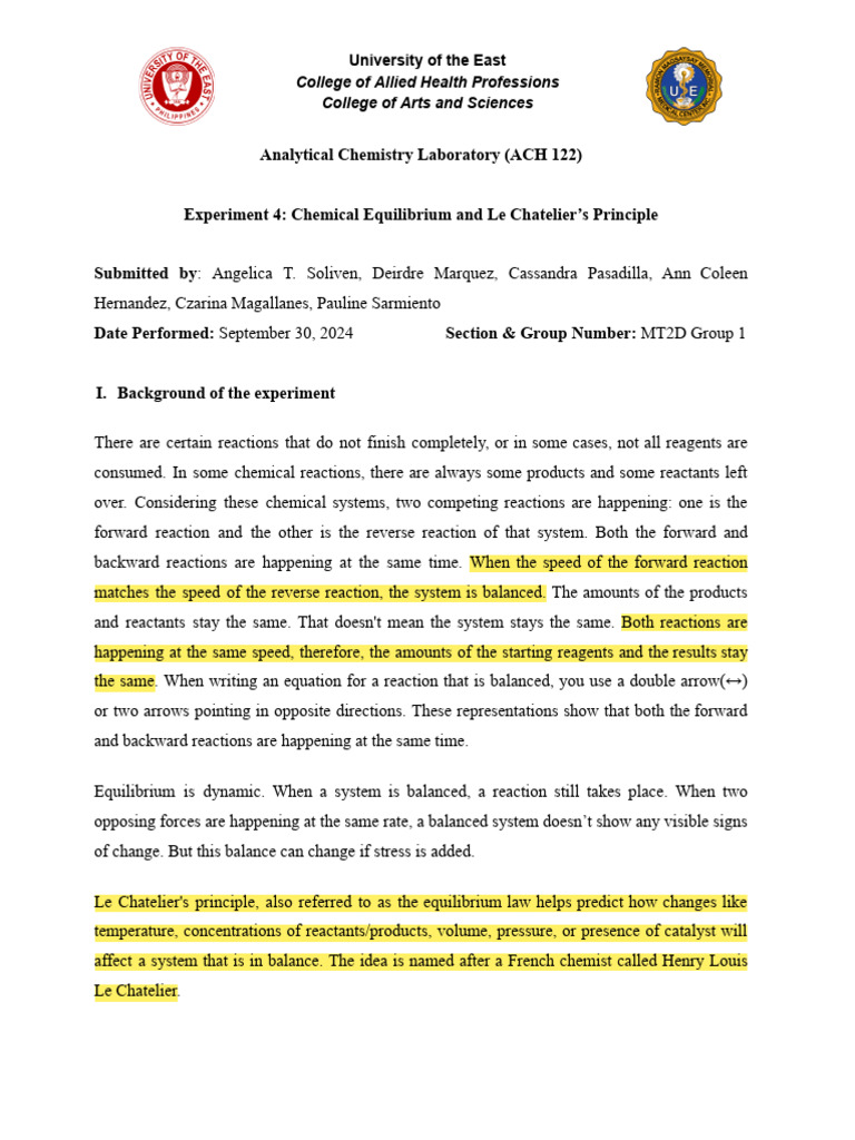 Experiment #3 - Group 1 | PDF | Chemical Equilibrium | Chemical Reactions