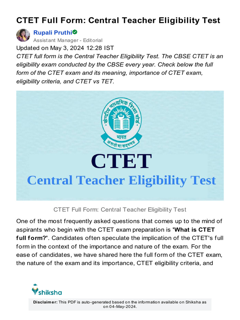 CTET Full Form: Central Teacher Eligibility Test: Rupali Pruthi | PDF ...