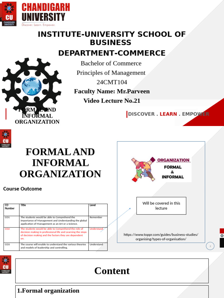 Formal and Informal Organization - Lecture 21 | PDF | Organizational ...