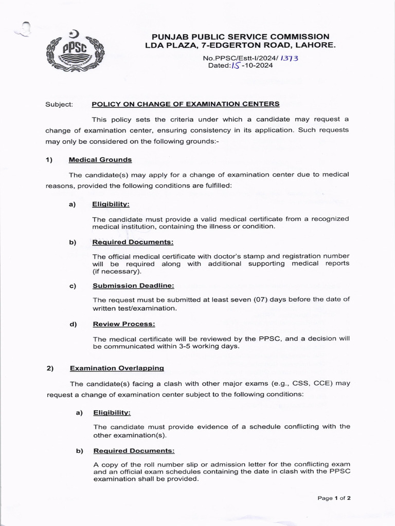 PPSC Exam Center Change Policy | PDF