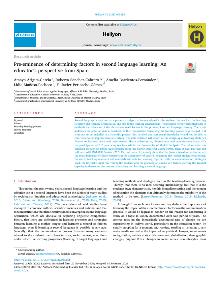 Artículo Heliyon Definitivo | PDF | Second Language | Second Language Acquisition