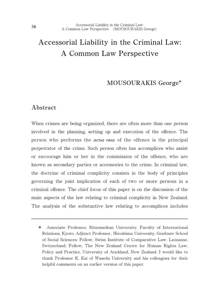 Accessorial Liability in The Criminal La | PDF | Aiding And Abetting | Mens Rea