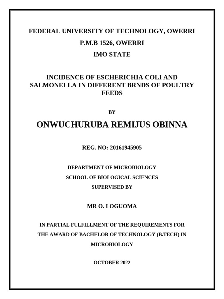 Effects of Escherichia Coli and Salmonella in Different Brands of Poultry Feed by Onwuchuruba ...