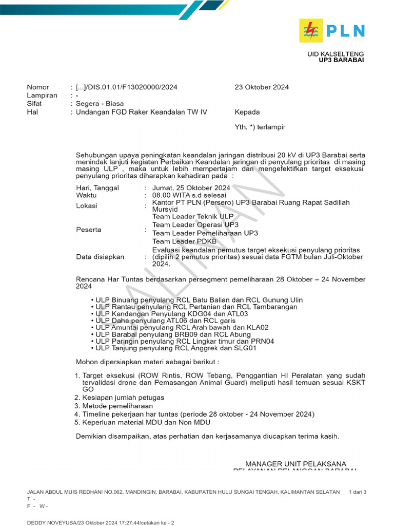 Undangan FGD Raker keandalan TW IV 2024 | PDF