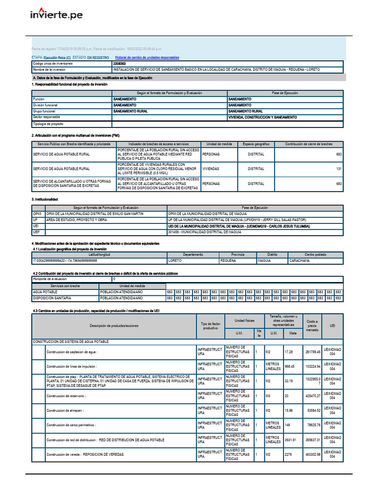 F8 Registro en Fase de Inversión | PDF | Saneamiento | Alcantarillado