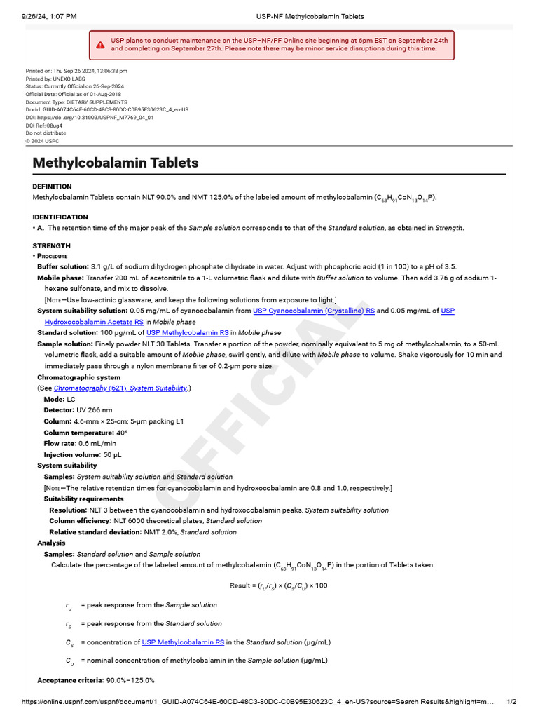 USP Monograph for Methylcobalamin Tablets | PDF | Colony Forming Unit ...