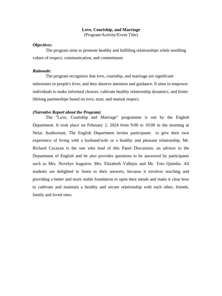 Love, Courtship and Marriage Narrative Report (Saniata) | PDF