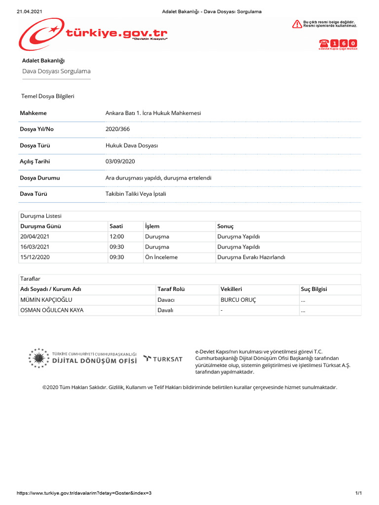 Adalet Bakanlığı - Dava Dosyası Sorgulama | PDF