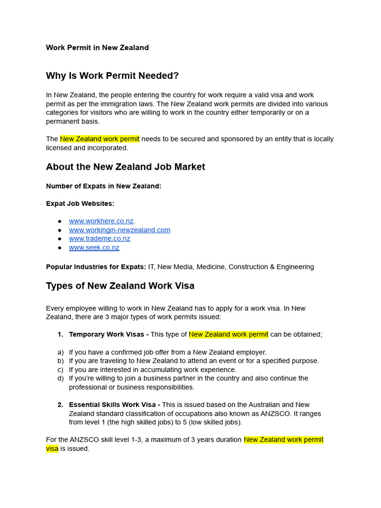 New Zealand Work Permit Overview | PDF | Travel Visa | Immigration
