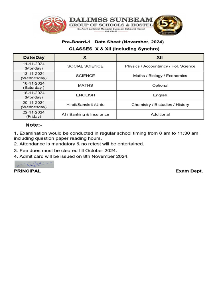 Preboard I Date Sheet 2024-25 | PDF