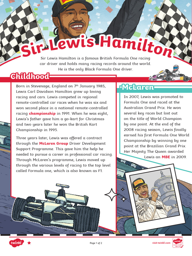 LKS2 Sir Lewis Hamilton Differentiated Reading Comprehension Activity ...