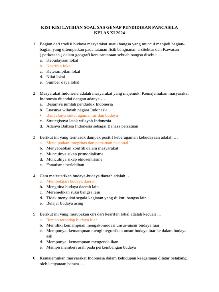 Jawaban Kisi-Kisi Latihan SOAL SAS PPKN XI Genap 2024 | PDF | Sejarah