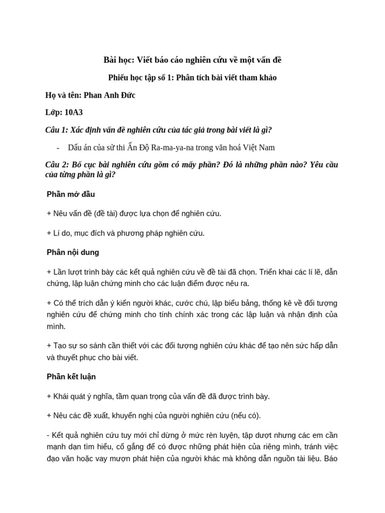 K10. PHT 1 - Viết báo cáo nghiên cứu về một vấn đề Anh Đức | PDF