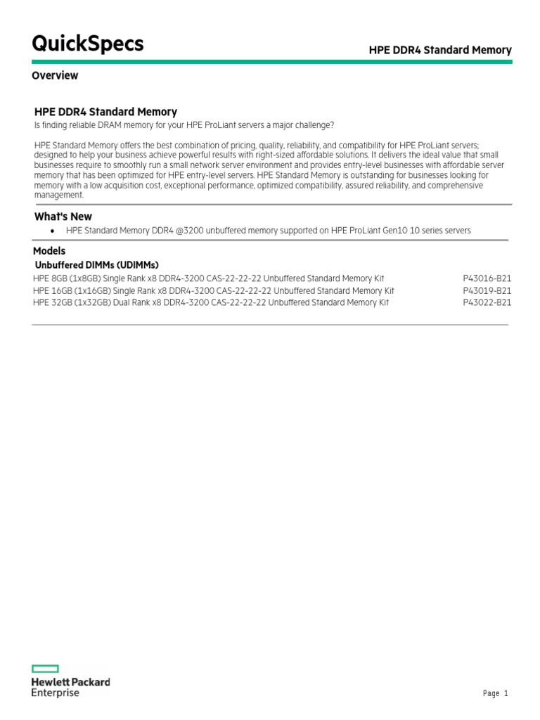 HPE DDR4 Standard Memory-C04493038 | PDF | Cloud Computing | Computer Engineering