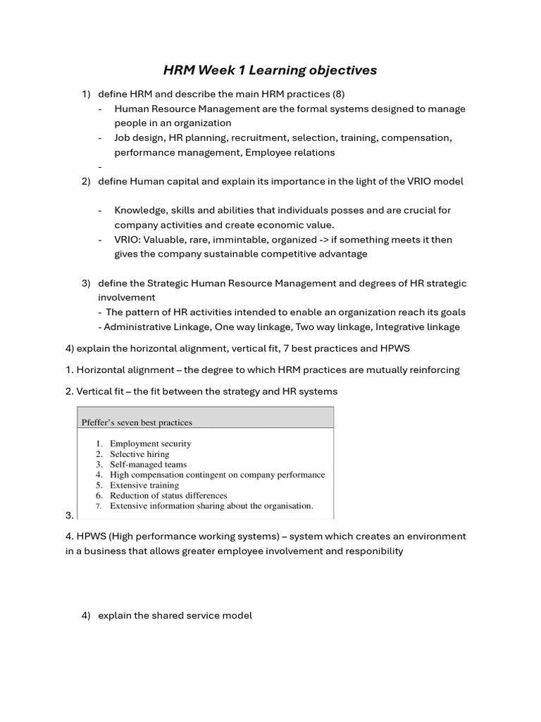 HRM Week 1 Learning Objectives | PDF