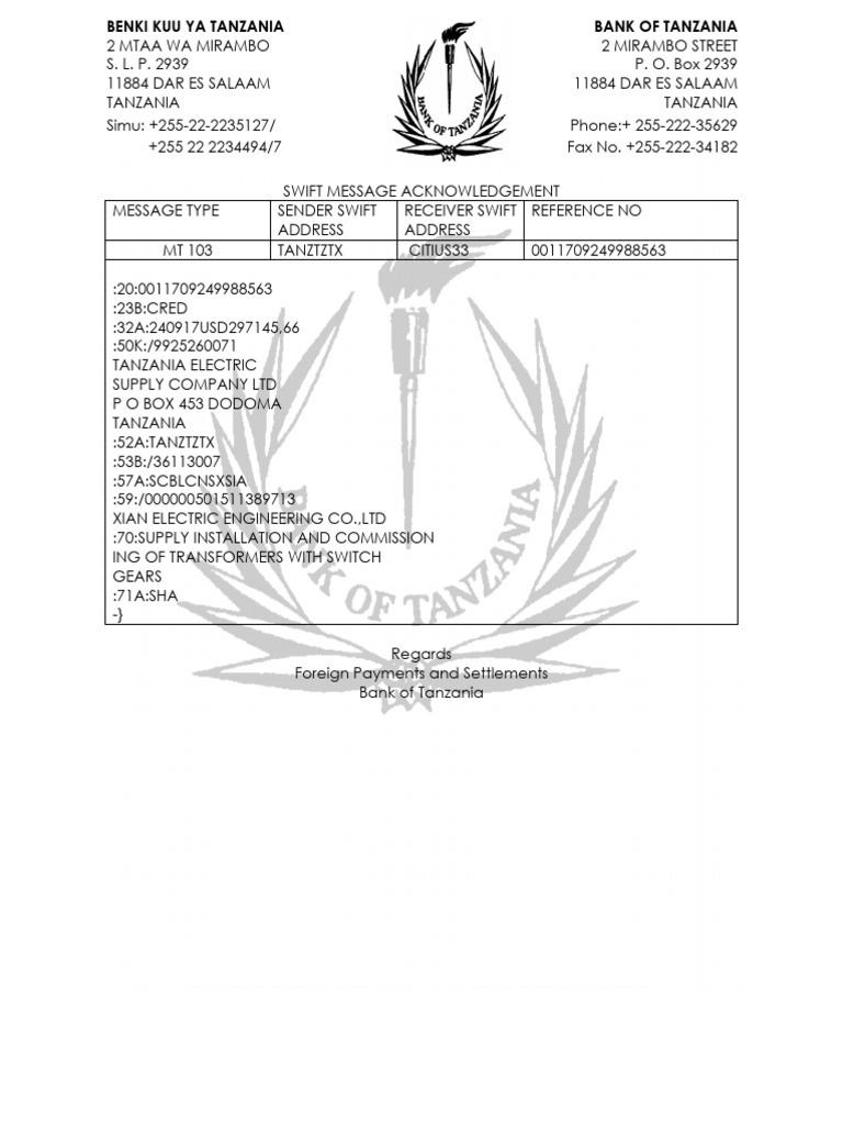 SWIFT MT103 Acknowledgement Document | PDF