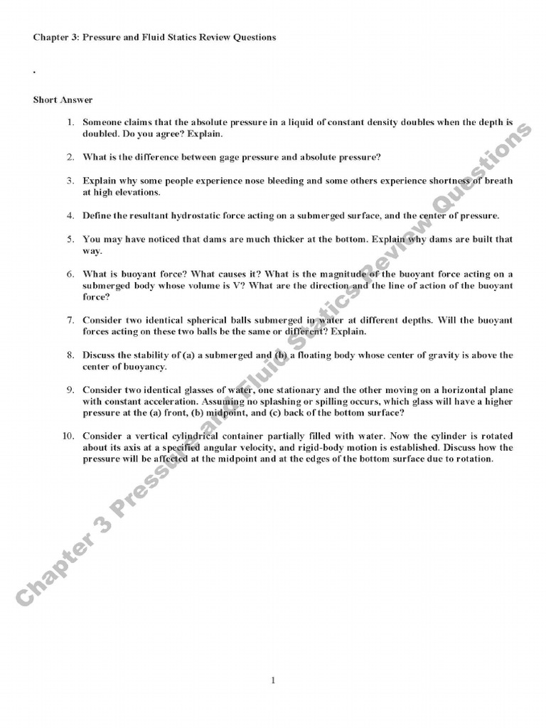Chapter 3 Pressure and Fluid Statics Review Questions | PDF