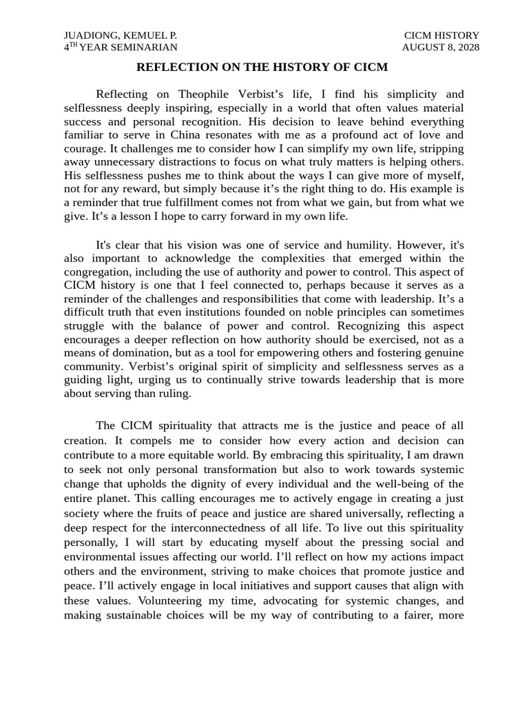 Seminarian's Reflection on CICM Values | PDF | Justice | Crime & Violence