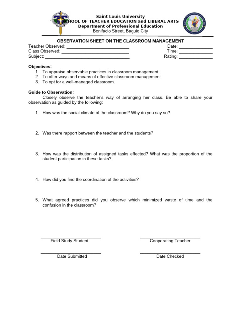 Classroom Management Observation Sheet | PDF