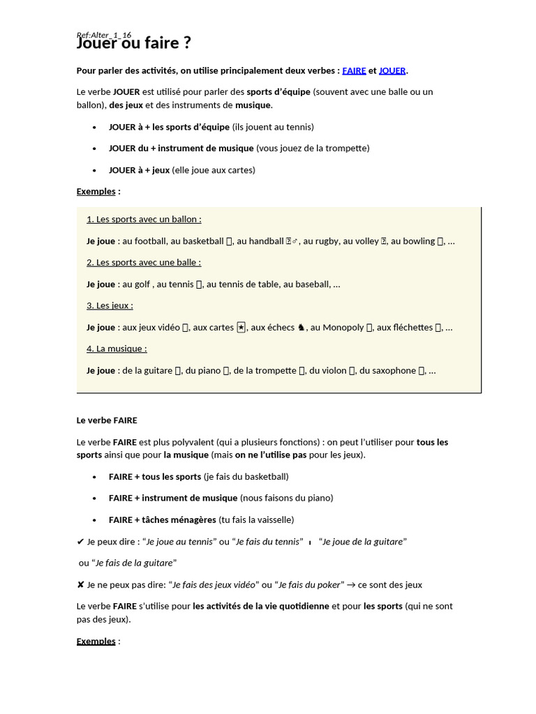 Jouer ou faire : sports et musique | PDF | Des sports