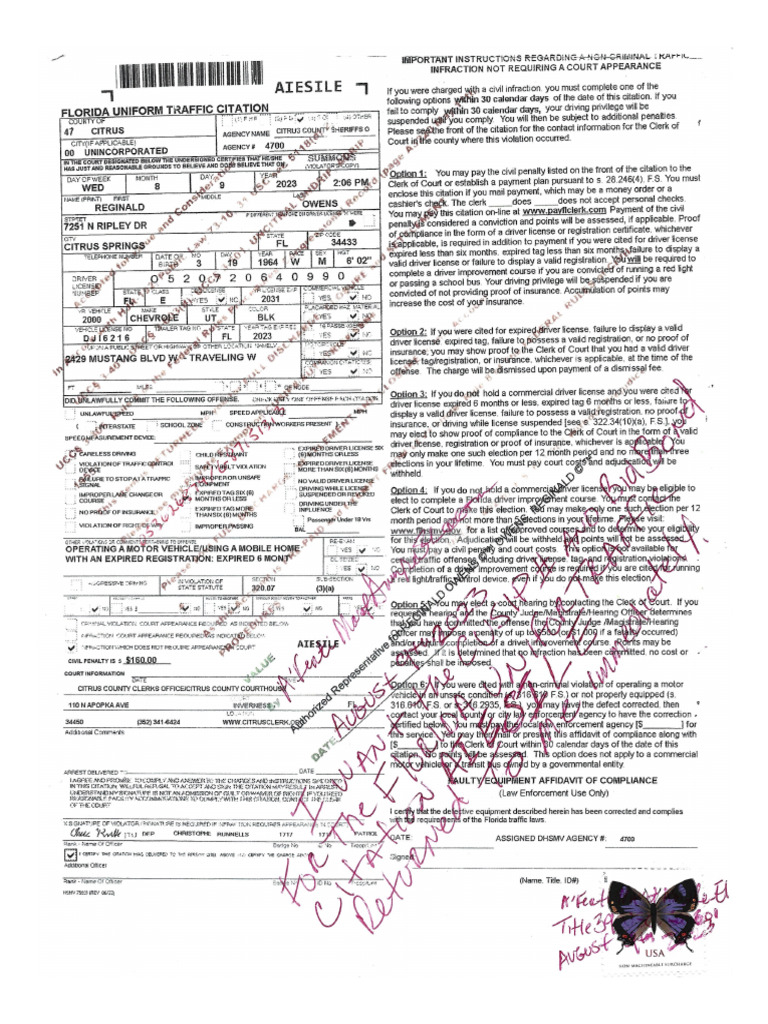 Florida Uniform Citation AIESILE Accepted For Value by Plaintiff Pages ...