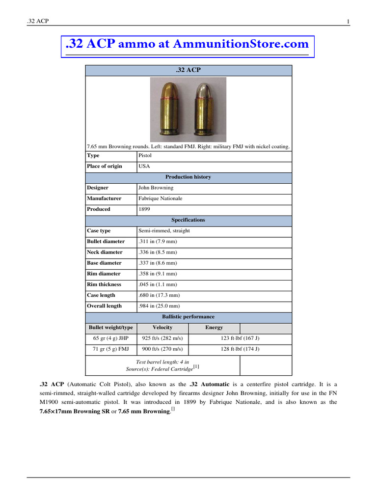 32 ACP | PDF | Ballistics | Pistol And Rifle Cartridges